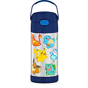 THERMOS FUNTAINER 12 Ounce Stainless Steel Vacuum Insulated Kids Straw Bottle, Pokemon and Thermos Replacement Straws
