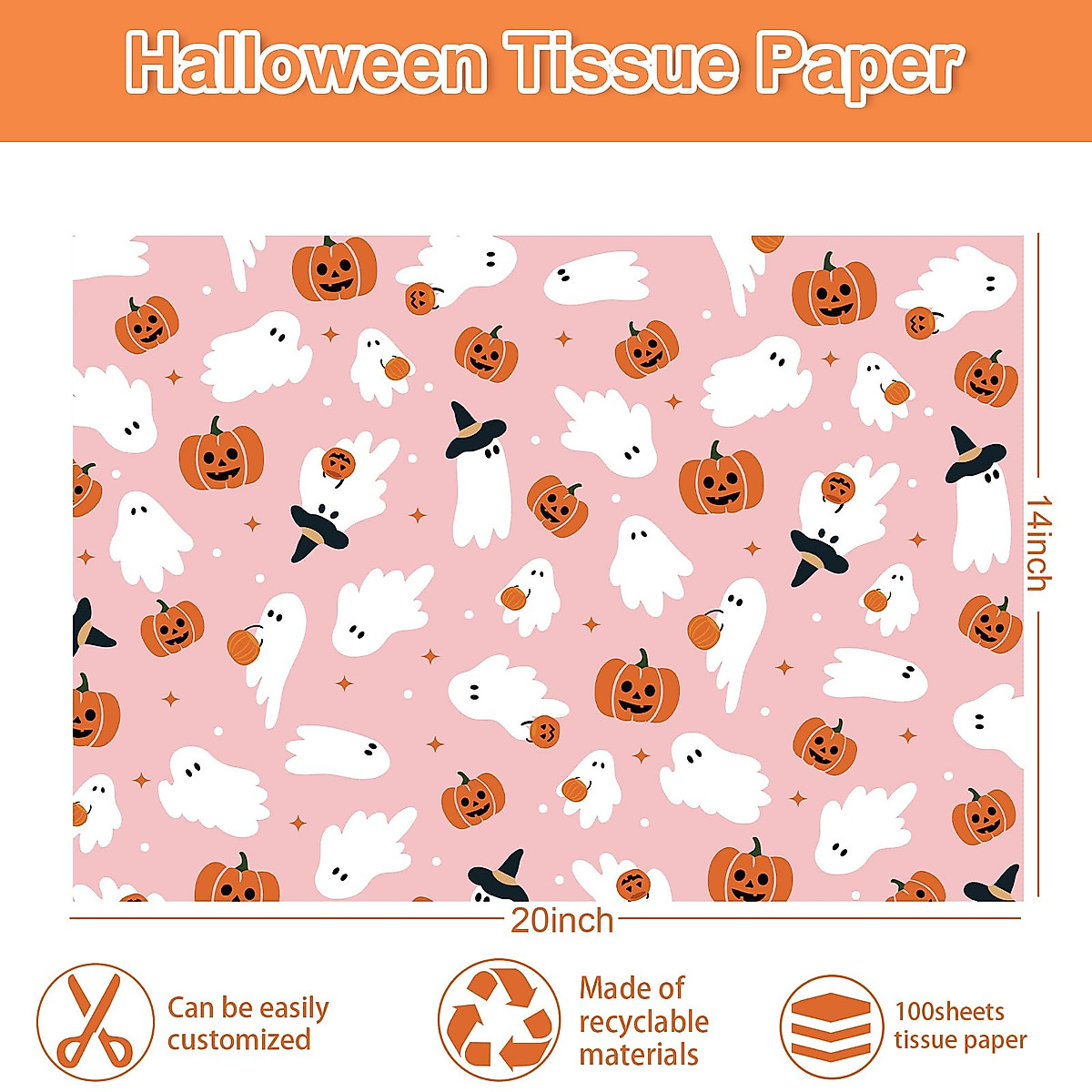 JarThenaAMCS 100 Sheet Halloween Tissue Paper Little Boo Gift Wrapping Paper Pink Pumpkin Ghost Decorative Art Paper for DIY Crafts Birthday Party Supplies, 14 x 20 Inch