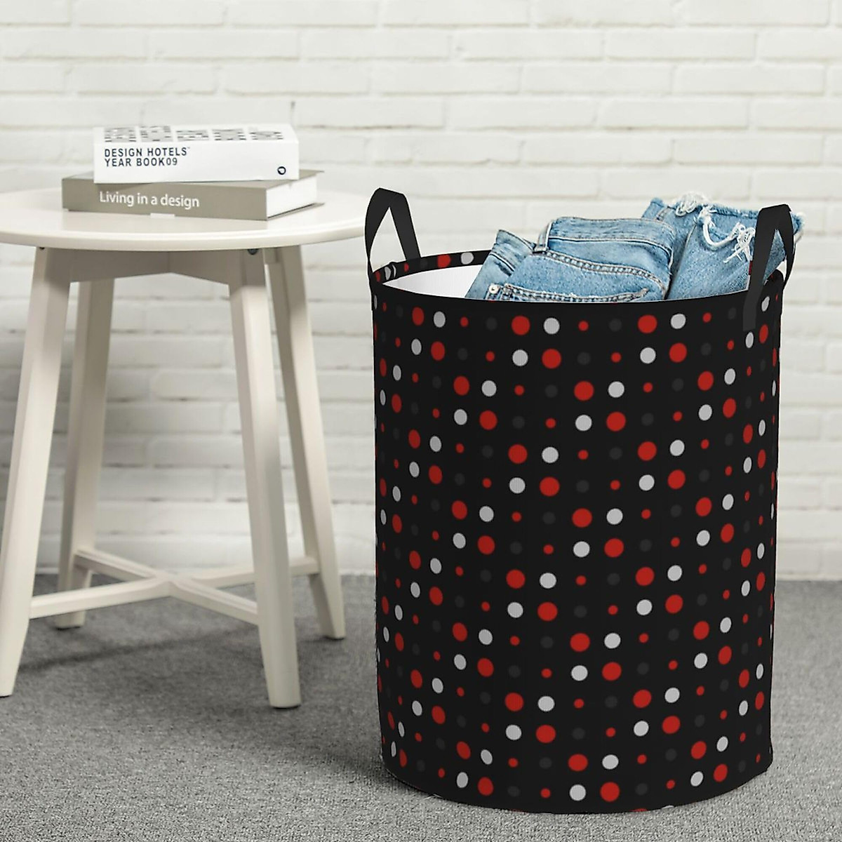 Large Laundry Basket, Dirty Clothes Hamper Toys Storage Bag Red, Black, Gray and White Dots Waterproof Foldable Washing Bin for College Dorms 15.7" x 19.6"