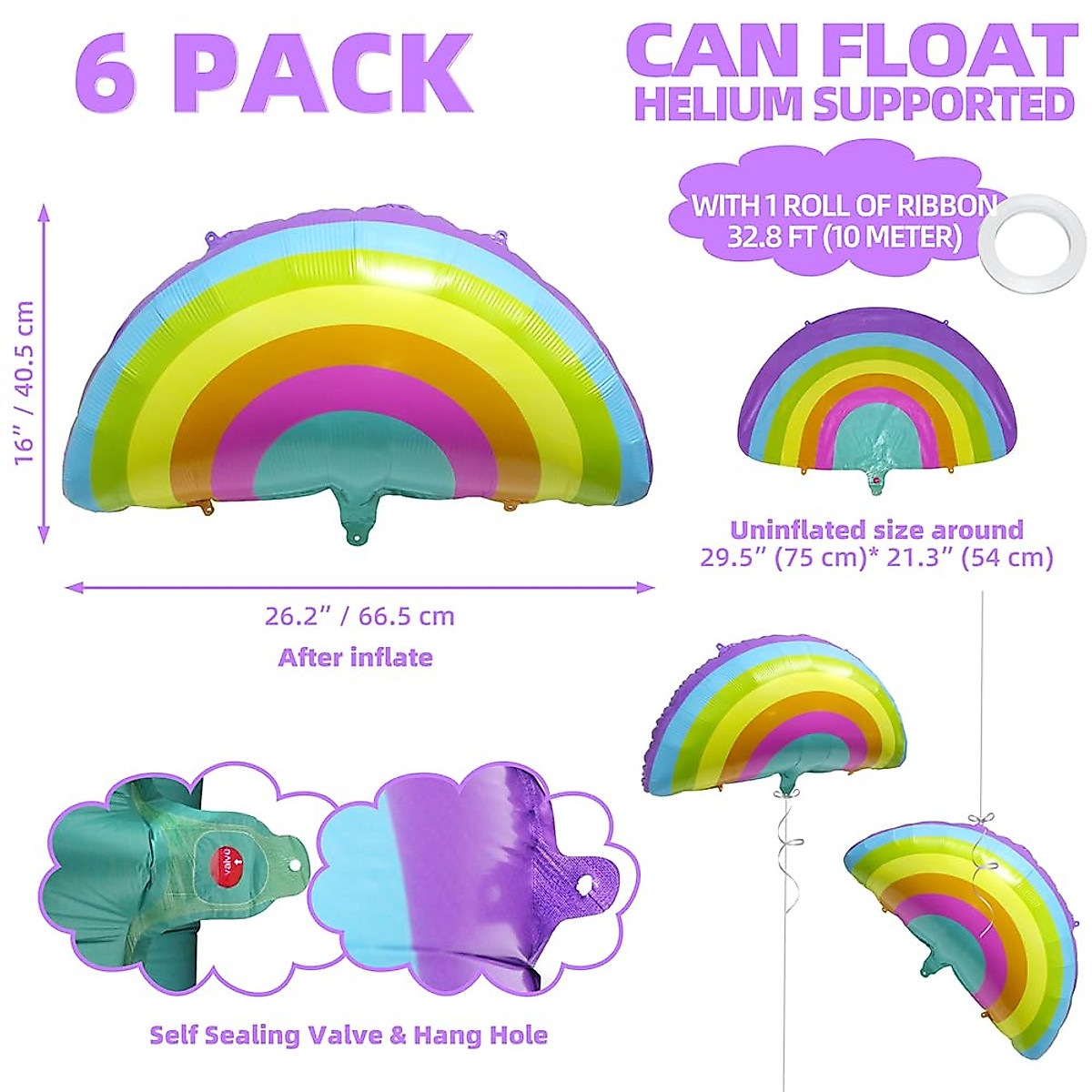 Colorful Rainbow Balloon Rainbow Bridge Balloon Blue Sky White Cloud Themed Party Supplies For Birthday Baby Shower Wedding Bridal Shower, 6 Pack Rainbow Foil Balloons Rainbow Pride Day Balloons