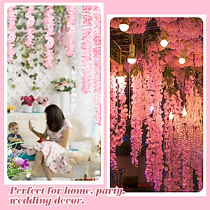 Juinte 20 Pieces 65.6 Ft Faux Silk Wisteria Vine Hanging Garland Faux Wisteria Vine Ratta Hanging Flowers Silk Faux Flowers Garland Faux Flowers Garland for Home Wedding Garden Outdoor Decor (Pink)