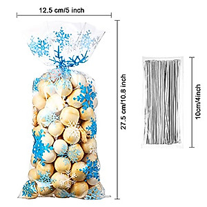 Christmas Cellophane Bags Winter Snowflake Holiday Treat Bags Blue Plastic Candy Goodie Bags with Twist Ties for Winter Xmas Wonderland Birthday Holiday Party Favors (200 Counts)