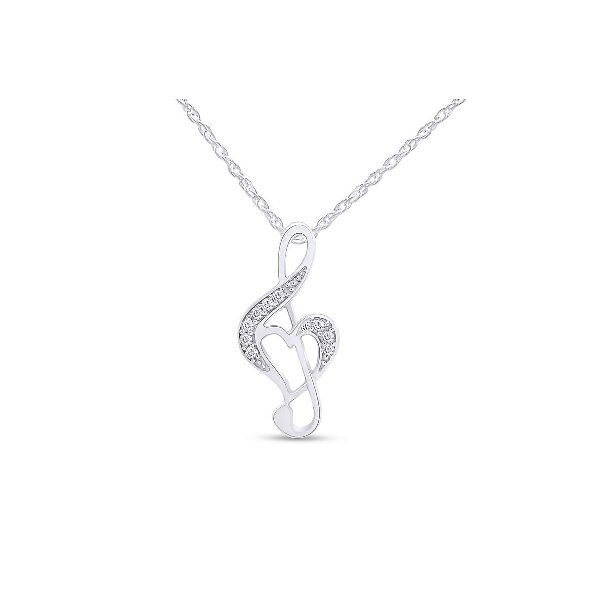 Jewel Zone US White Natural Diamond Music Note Heart Pendant Necklace in 14k White Gold Over Sterling Silver (0.1 Ct)