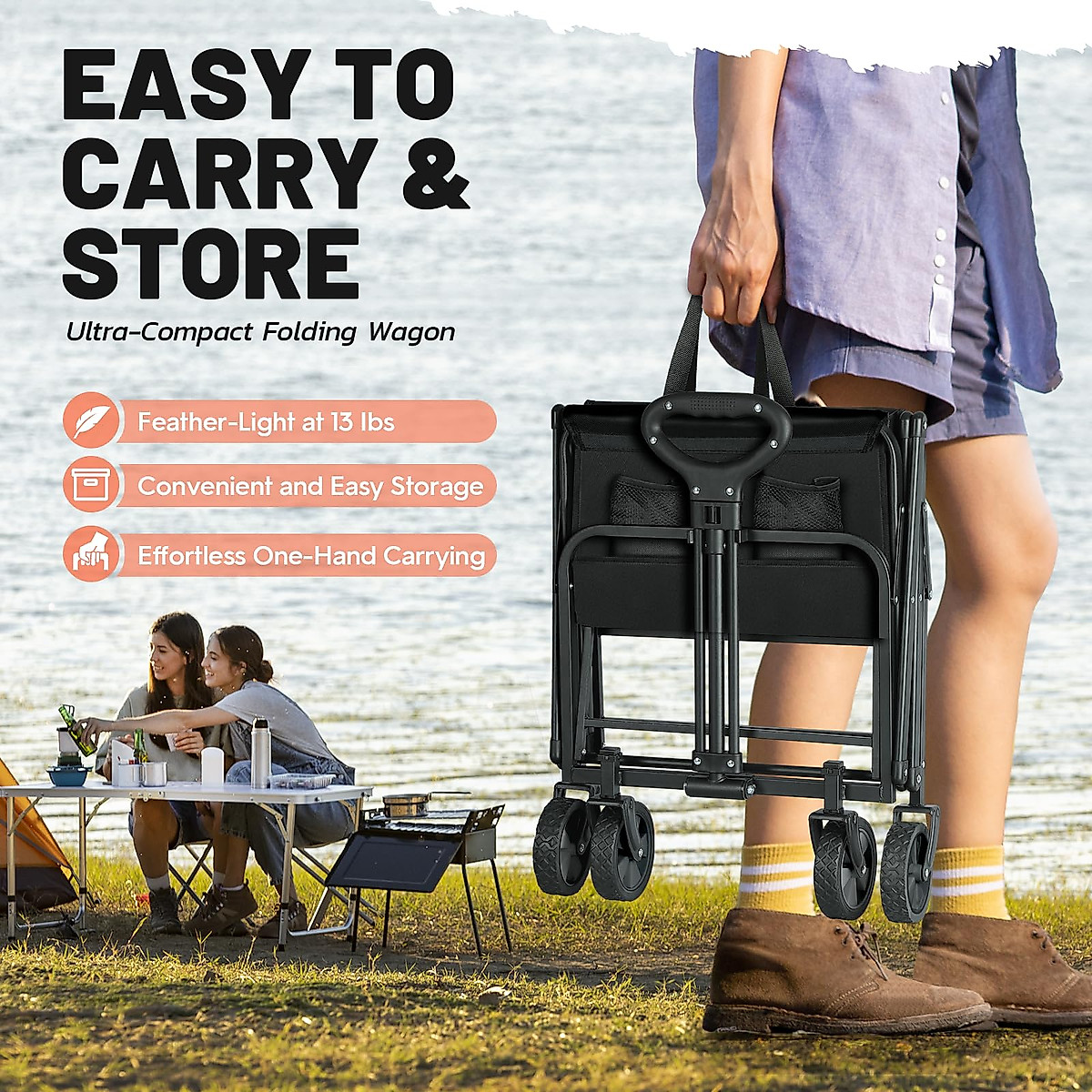 LUXCOL Collapsible Folding Outdoor Utility Wagon,Beach Wagon Cart with All Terrain Wheels & Drink Holders,Portable Sports Wagon for Camping, Shopping, Garden and Beach