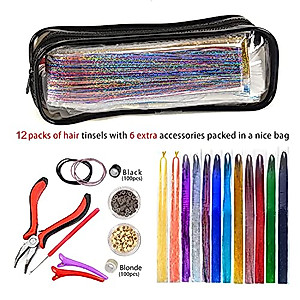 Hair Tinsel Kit, 12 Colors Tinsel Hair Extensions with Tools, Glitter Fairy Hair Sparkingly Hairpiece for Party Halloween Christmas New Year