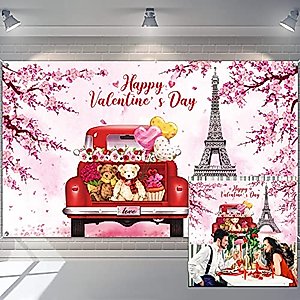 72.83 x 43.31 inch Valentine's Day Backdrop Banner Happy Valentine's Day Photography Props Backdrop Large Fabric Pink Flowers Trees Paris Eiffel Tower Banner for Valentines Party Supplies and Decor