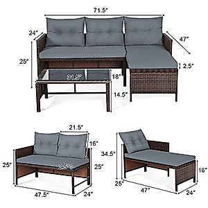 Tangkula Patio Corner Sofa Set 3 Piece, Outdoor Rattan Sofa Set, Includes Lounge Chaise, Loveseat & Coffee Table, Patio Garden Poolside Lawn Backyard Furniture (Gray)