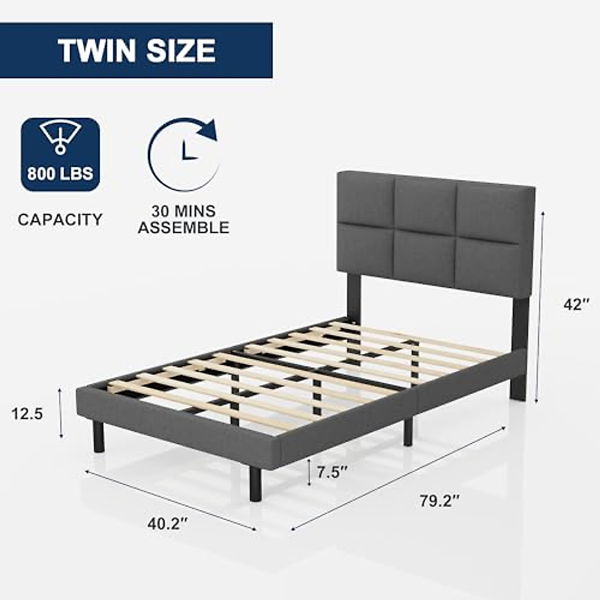 Molblly Twin Bed Frame with Upholstered Headboard, Strong Frame and Wooden Slats Support, Non-Slip and Noise-Free, No Box Spring Needed, Easy Assembly, Dark Grey