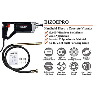 BIZOEPRO Hand Held Power Concrete Vibrator 1500W 13000rpm With 2.5M(8-1/5feet) Shaft Rod Electric Concrete Vibrabrater Portable Construction Pencil Vibrator