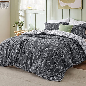 Bedsure King Comforter Set - Dark Grey Comforter, Cute Floral Bedding Comforter Sets, 3 Pieces, 1 Soft Reversible Botanical Flowers Comforter and 2 Pillow Shams
