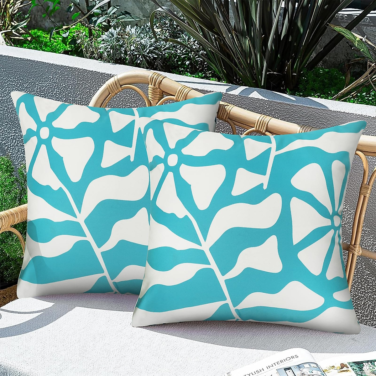 famibay Pack of 2 Outdoor Decorative Pillow Covers Waterproof Outdoor Abstract Pillow Covers 18 x 18 Inch Square Pillowcases Outside Cushion Covers for Outdoor Furniture Patio Couch(Teal)