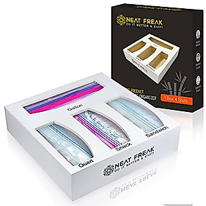 Neat Freak Baggie Organizer Dispenser – 4-in-1 Ziploc Bag Storage Organizer for Drawer – Bamboo Baggie Organizer For Wall– Ziploc Bag Organizer for Quart, Snack, Gallon, Sandwich - White Color.