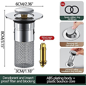 Bathroom Sink Stopper Hair Catcher, 2Pcs Stainless Steel Floor Drain Filter Up Sink Drain Strainer with Removable Filter Basket for Washbasins, Bathtubs, 2.4x3.1in