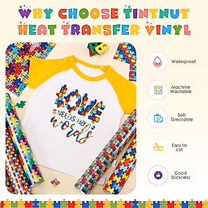 Tintnut Puzzle Pieces Heat Transfer Vinyl - 10 Sheets 10x12 Inch Autism Awareness Puzzles Craft Cutter HTV Vinyl Rainbow Color Pattern Printed Iron on Vinyl for Silhouette Cameo or Cricut
