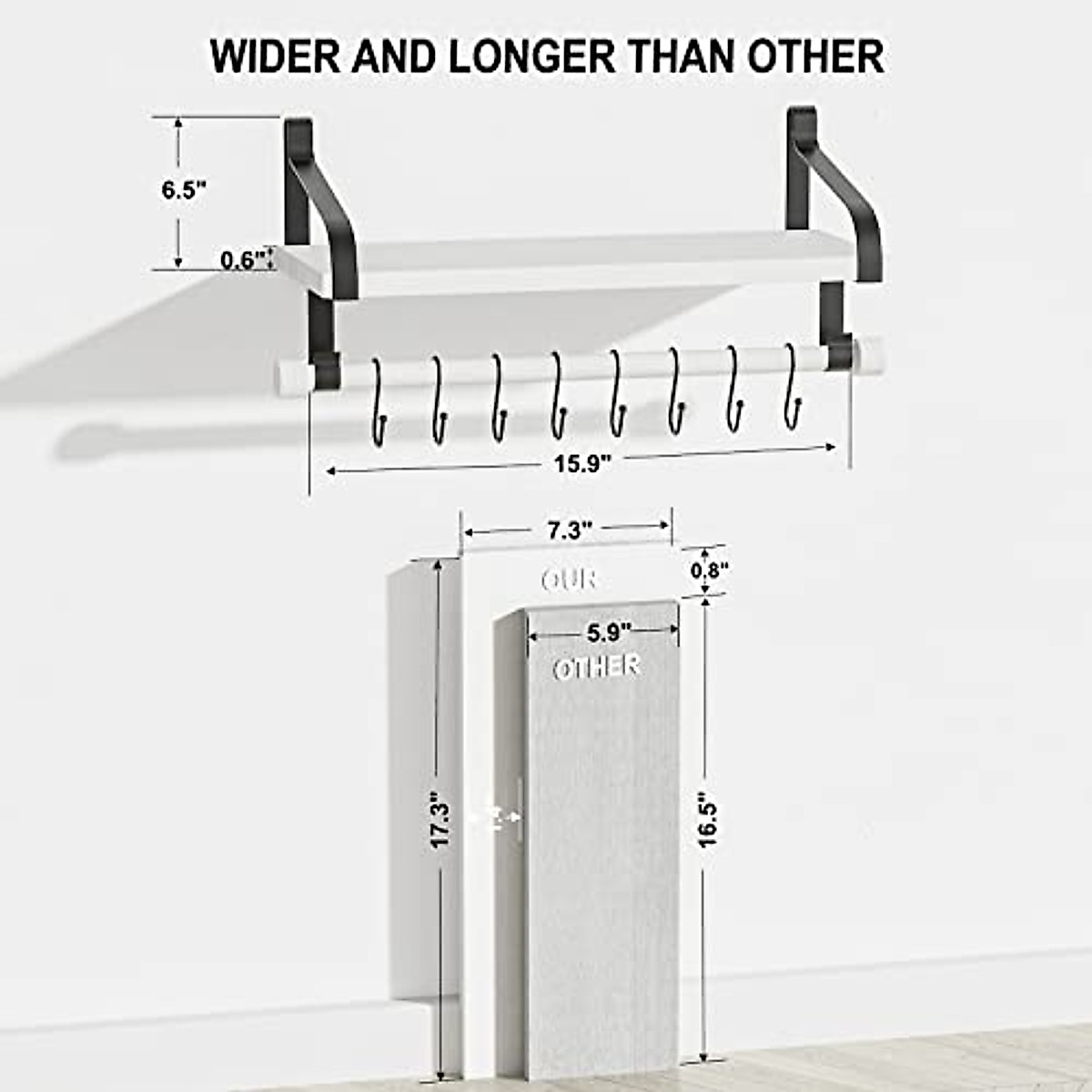 Love-KANKEI Floating Shelves for Coffee Bar,Bathroom Shelves with Wood Bar, Wall Shelves with 8 Hooks for Kitchen, 17.3 Inch Storage Shelves Set of 2 for Bedroom,Living Room，White