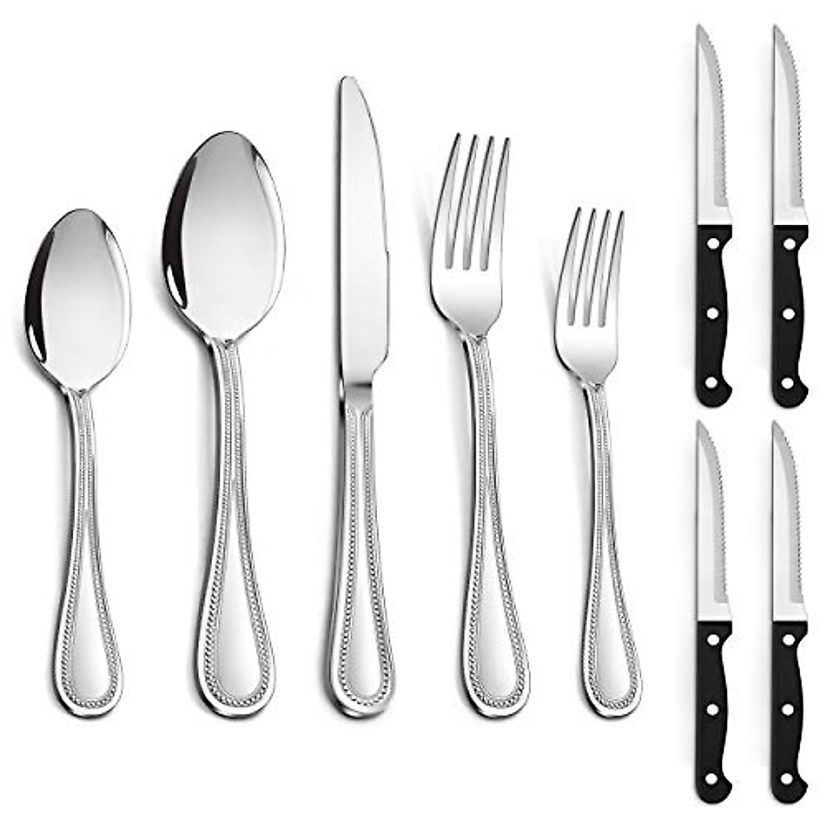 LIANYU 24-Piece Silverware Set with Steak Knives for 4, Stainless Steel Flatware Cutlery Set for Kitchen Restaurant Hotel, Fancy Eating Utensils Tableware with Beaded Edge, Dishwasher Safe