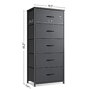 BANTI Dresser for Bedroom, Tall Kids Fabric Vertical Dresser with 5 Drawers, Storage Tower Organizer Unit for Closet, Living Room, Bedroom, Hallway, Steel Frame Wood Top, Black Grey
