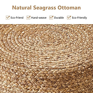 Ottoman Foot Rest Stool Round Natural Seagrass Foot Stool Hand-Woven Boho Pouf Ottomans Home Decor Footstool Extra Seating for Living Room Bedroom Entryway Grey