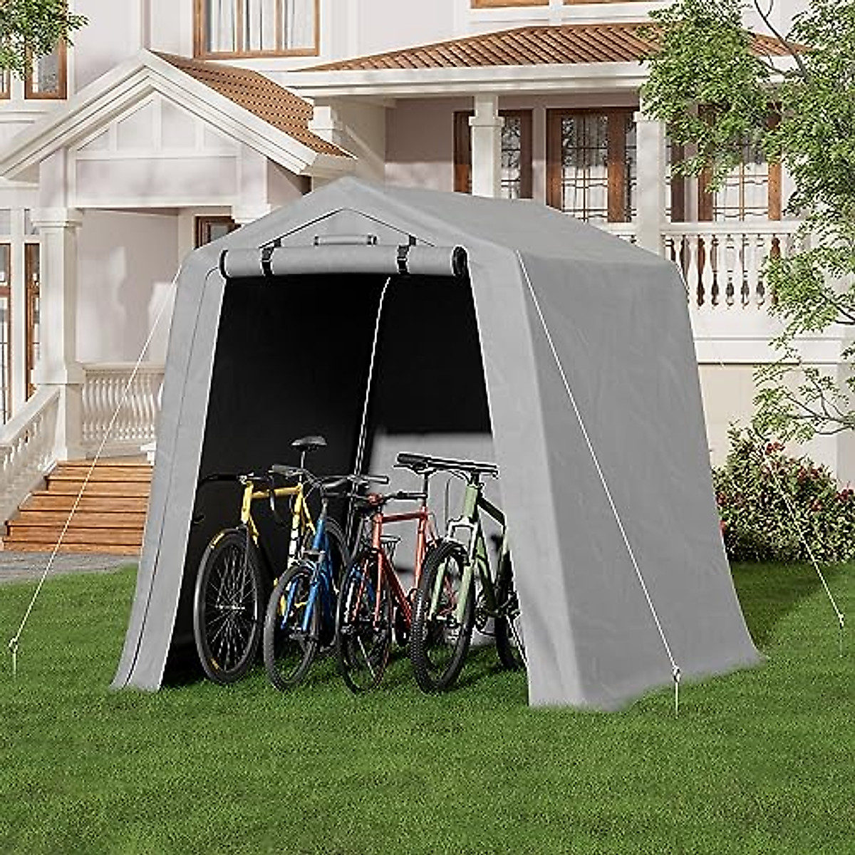 Greesum 6 x 6 x 7 ft Storage Shed Canopy Portable Shelter Heavy Duty Outdoor Carport with Roll-up Zipper Door for Bike, Motorcycle, Garden Storage, Waterproof and UV Resistant, Gray