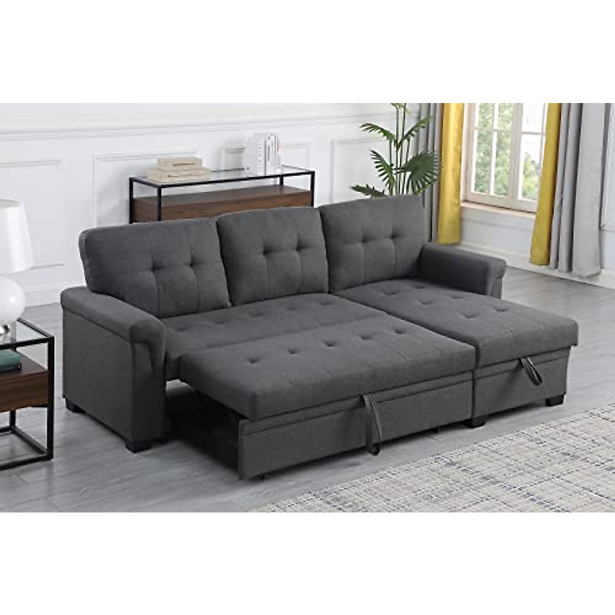 RITSU L-Shape Dark Gray Corner Couch with Storage Chaise, Linen Reversible Fabric Sleeper Sectional Sofa with Arms for Living Room, Apartment, Home Furniture, Dorm