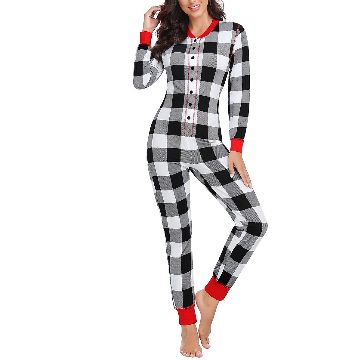 SWOMOG Womens Christmas Onesie Pajamas Jumpsuits Adult One Piece Sleepwear Long Sleeve Bodysuit Buttons Union Suit
