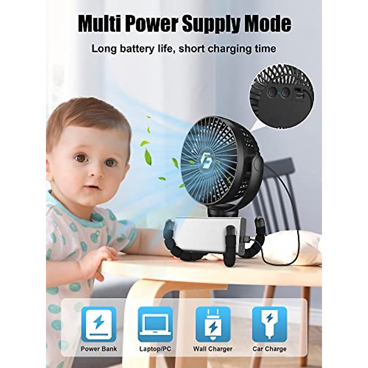 Stroller Fan, 12000mAh Rechargeable Fan Portable, Battery Operated Fan, Baby Car Seat Fan with Timming, Low Noise, Flexible Tripod, Personal Small Fans For Stroller, Office, Beach, Bed, Camping