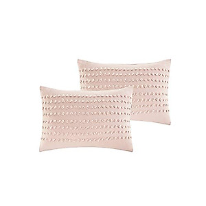 Comfort Spaces 100% Comforter Set Cotton Jacquard Pom Tufts Design Hypoallergenic Down Alternative, All Season Modern Bedding, Matching Shams, Full/Queen, Phillips, Blush