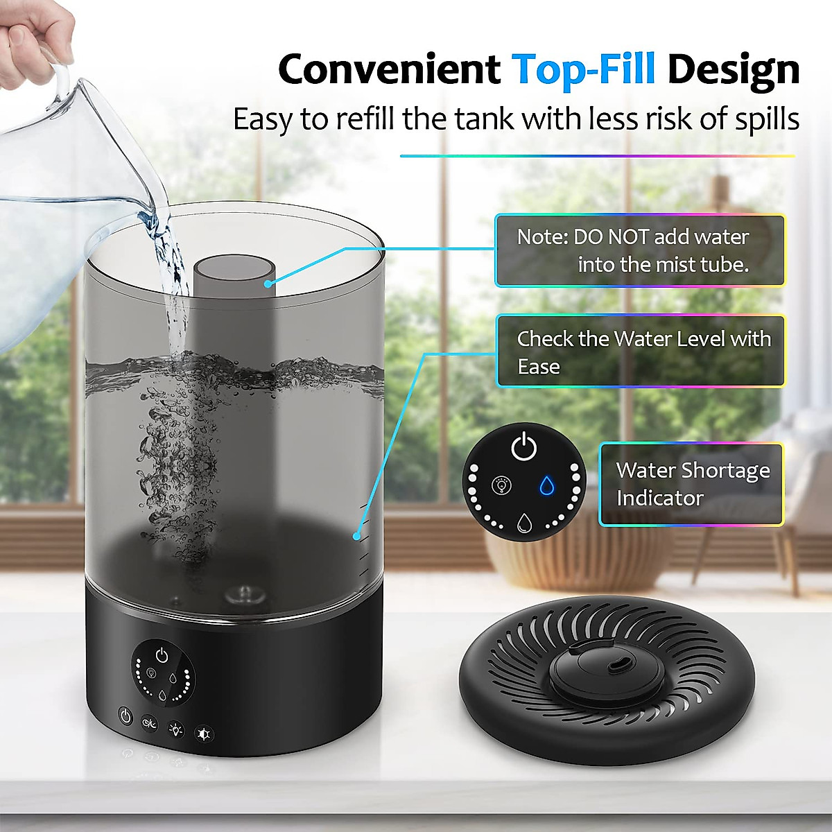 Cool Mist Humidifier, Ultrasonic Humidifiers for Bedroom Baby, 3L Large Humidifier w/ Remote Control, 7 Colors Night Light 6 Dimmer Adjustable Mist Levels, Timer, Auto Shut-Off for Large Room, Black