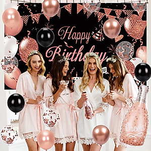 Winrayk Black Rose Gold Birthday Party Decorations for Women Girls, Rose Gold and Black Balloons Garland Arch Kit & Backdrop Tablecloth Champagne Star Love Foil Balloon, Rose Gold Birthday Decorations