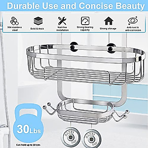 homyfort Shower Caddy Rack Over Shower Head Suction Cup and Toothbrush,cup Holder for Razor and Sponge-Shampoo Soap Organizer,Rustproof Stainless Steel, Silver(2 PACK)
