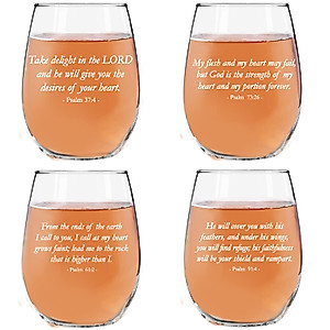 Psalms 4 Pack Stemless Drinkware- (15 oz) | Encouraging Bible Verses | Christian Gifts | Easter Gift Biblical Scripture| Inspirational Gift for Women|Candleholder| Stemless Wine Glasses Made in USA