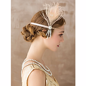 SWEETV 1920s Headpiece Flapper Headband, Pearl Peacock Feather Hair Band, Great Gatsby Accessoreis for Women, Blush Pink