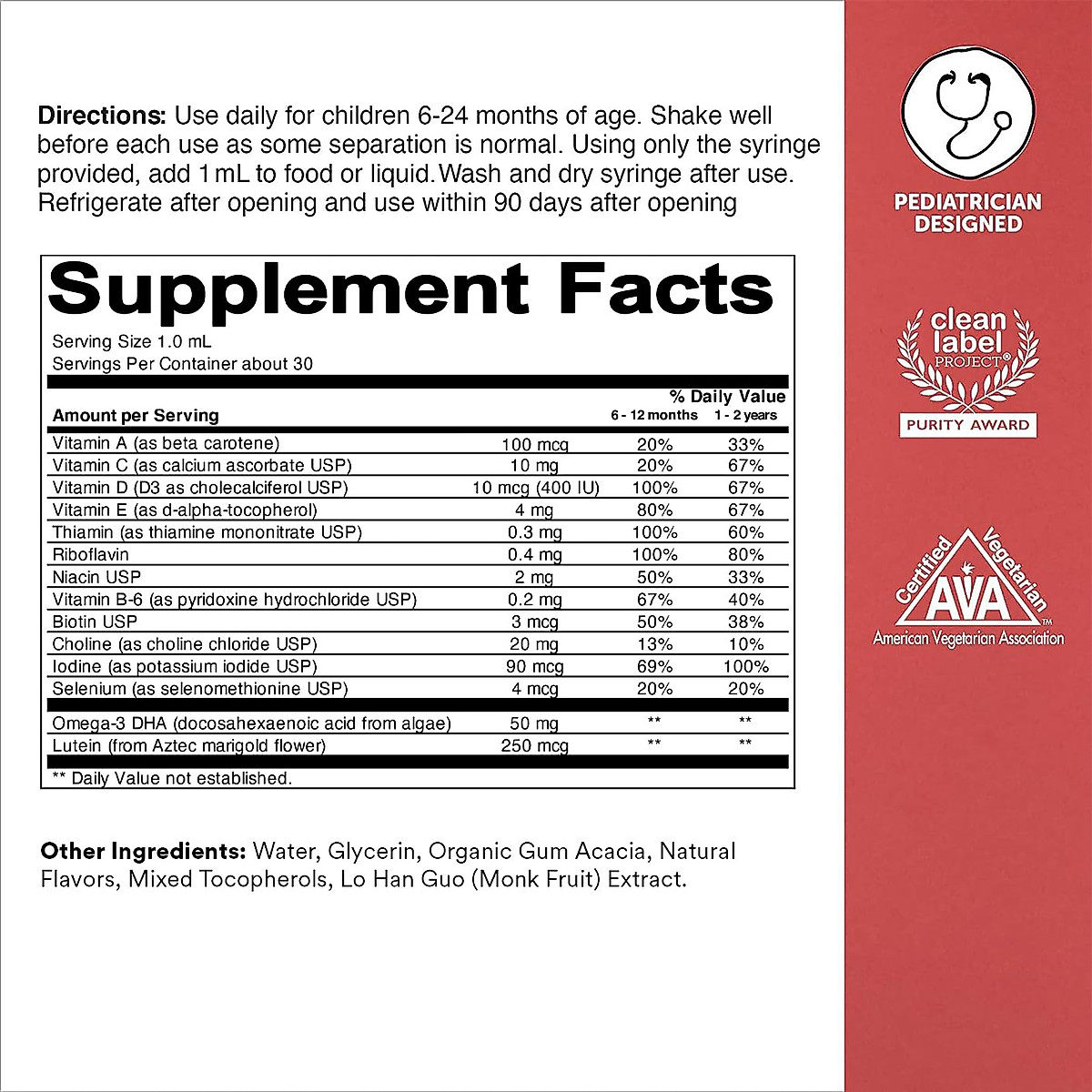 SmartyPants Baby Multi&DHA Supplement:Liquid Multivitamin with Vitamin D3, C,Vitamin B6,Biotin,Choline & Lutein, for Infants 6-24 Months,Gluten Free,Natural Fruit Flavor,30 Servings(Package May Vary)