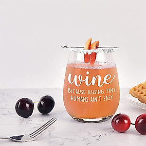 DAZLUTE Raising Tiny Humans Ain’t Easy Stemless Wine Glass, Mother’s Day Father’s Day Christmas Birthday Gag Gifts for Dad Mom New Parents Women Men from Kids Wife Husband, Funny 15Oz Wine Glass