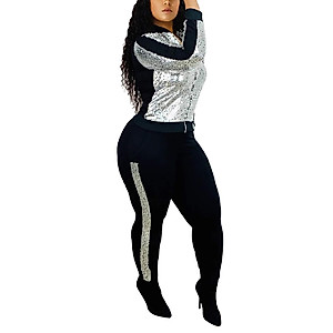 SIAEAMRG Women 2 Piece Glitter Sequin Outfits Tracksuit, Long Sleeve Jacket Tops Bodycon Long Pants Sparkle Sweatsuit Club Wear (Silver, L)