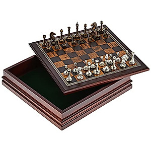 Classic Game Collection Metal Chess Set with Deluxe Wood Board and Storage - 2.5" King, Gold/Silver/Brown (985)
