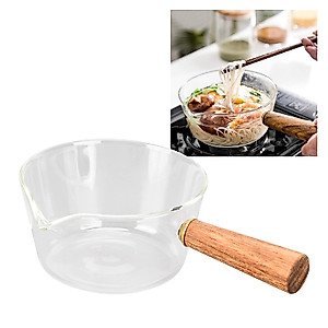 Noodle Pot Clear Glass Pot Milk Pan With Wooden Handle Borosilicate Glass Nonstick Saucepan Glass Measuring Cups Frothing Pitcher for Kitchen Restaurant Glass Pan(400ml)