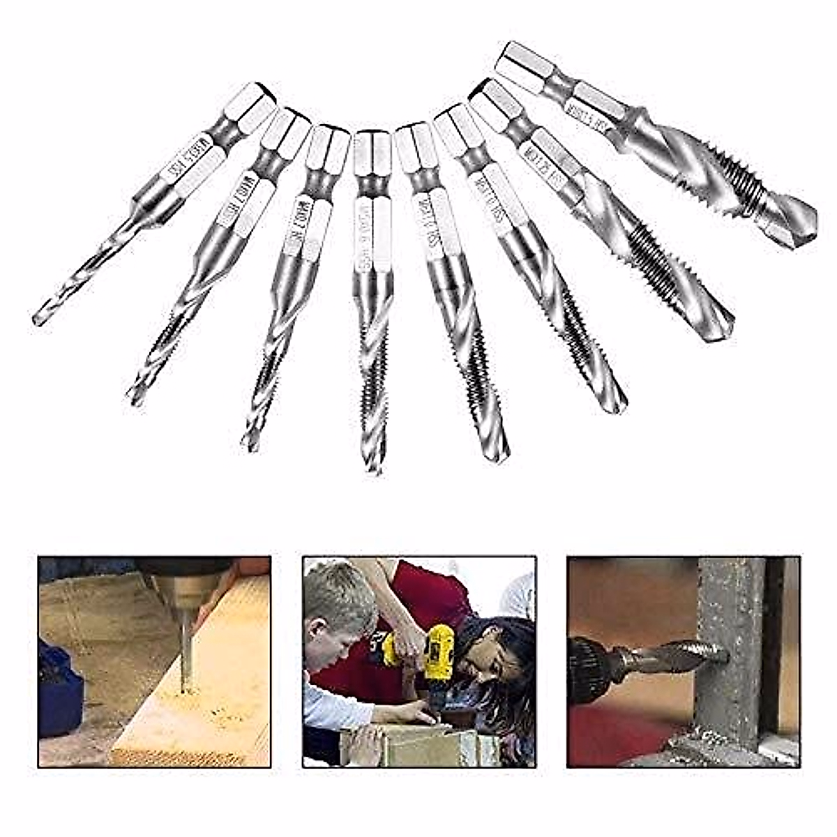 SH-CHEN Drill 8pcs HSS Countersink Tap Drill Bit Set, Combination Hex Shank Titanium Screw Thread Metric Tap Drill Compatible with Wood Plastic Aluminum Copper, Compatible with Hard Metal/Iron Cast