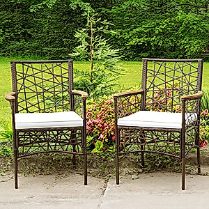 Tangkula Set of 2 Outdoor Dining Chairs, Patiojoy All-Weather PE Wicker Patio Bistro Chairs with Acacia Wood Armrests and Soft Cushions, Outdoor Armchairs for Porch, Garden, Poolside and Backyard