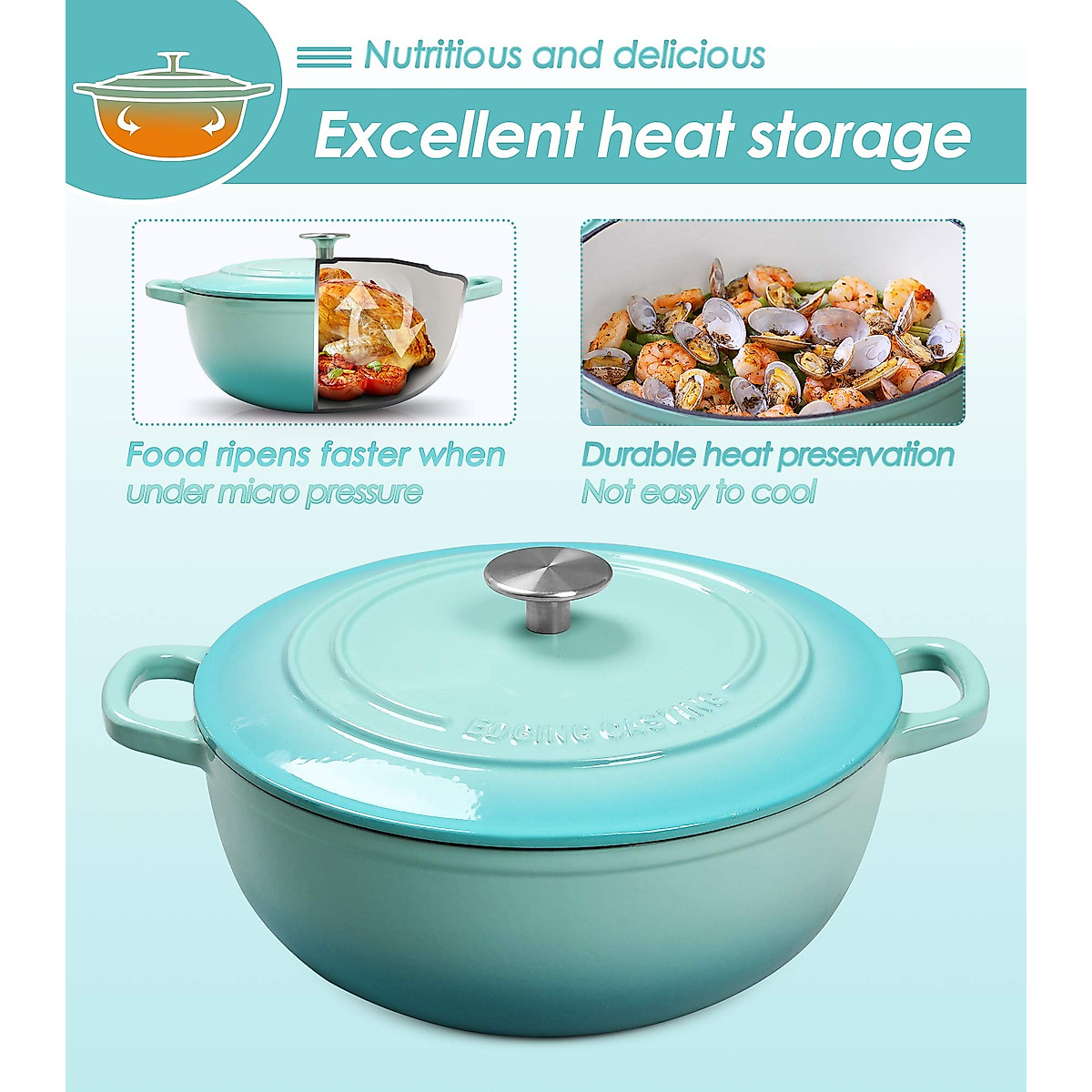 EDGING CASTING Enameled Cast Iron Dutch Oven with Lid, Bread Oven Dual Handle, Cookware Pot, Suitable For Bread Baking, 3.5 Quart, Peacock Blue