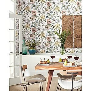 RoomMates RMK12281PL Vintage Poppy Peel and Stick Wallpaper, 20.5 inches Wide x 18 feet, Pink/Green, 30 Sq Ft