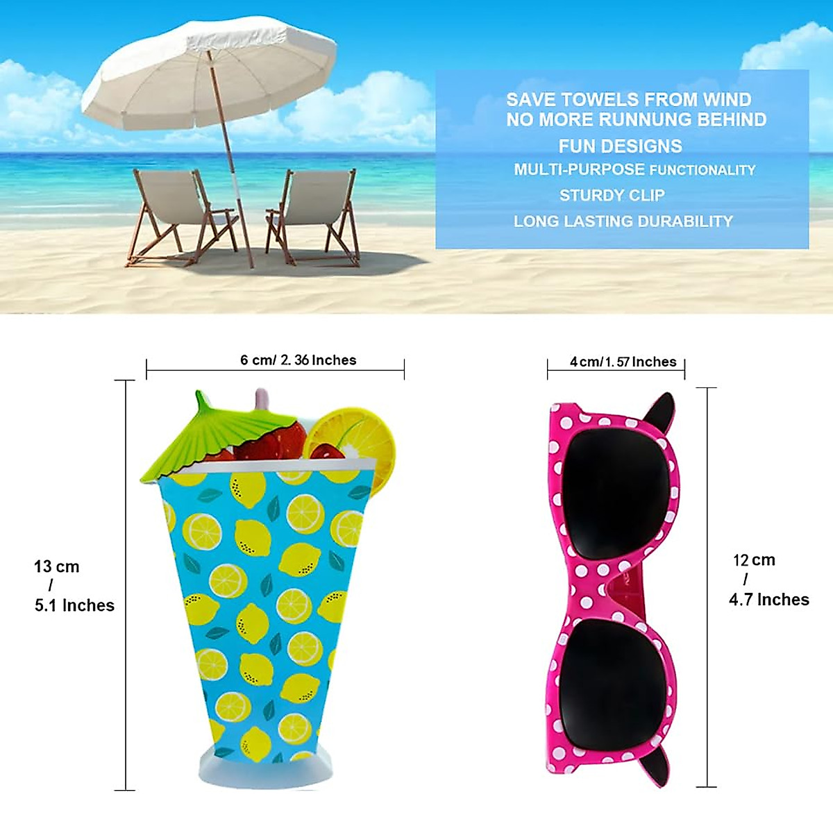 Kirmoo 4 Pieces Beach Towel Clips for Beach Pool & Cruise Chairs Cocktail Sunglasses,Plastic Clothes Pins Beach Towel Holders Secure Clips Set of 4 (Cocktail and Sunglasses)