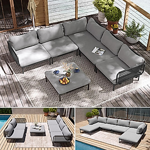 VredHom Patio Furniture Set, Outdoor Patio Furniture Oversized Metal Patio Sectional Sofa, 6-Seat Conversation Set with Cushion for Indoor and Outdoor, Black Frame & Dark Grey Mat (6 Seats 8 Armrests)