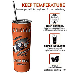 20oz Customs Football City Tumbler with Lid and Straws, Personalized Football GIfts for Fans, Travel Cup Adds Your Name and Number