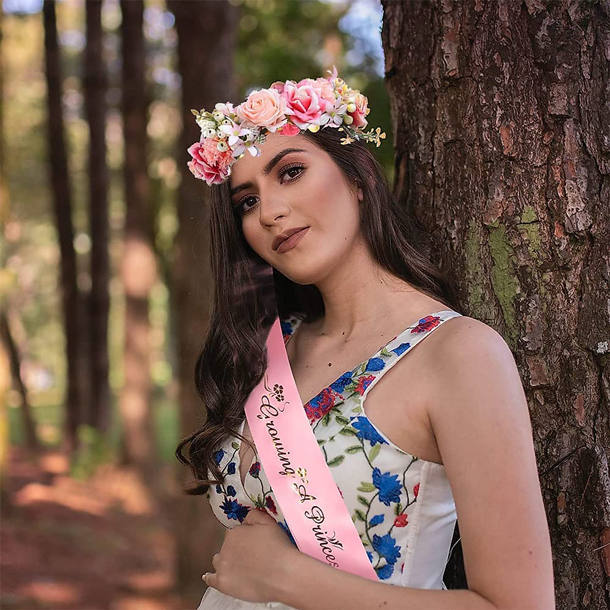 Ulfanit Girls Baby Shower Decoration - Adjustable Flower Crown Tiara and Growing A Princess Sash, Daddy Pin, Pink Party Gifts for Expectant Mom Dad Parents