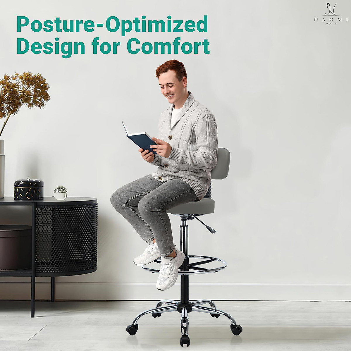 Venus Drafting Stool Chair, Rolling Stools with Wheels, Stools with Backs, Tall Adjustable Office Chair Workbench Stool with Back Support Adjustable Chair Work Stool with Chrome Footrest - Gray