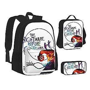 halloween nightmare 3 Piece Backpack Set Cartoon Backpack with Lunch Box Pencil Case for girls teens Women Men Durable Laptop Bag school backpack Wear Resistant christmas Hiking Camping Daypack C 99