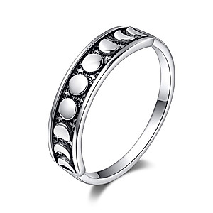 Bamos Moon Phase Engagement Ring, Pure 925 Sterling Silver Moon Ring Wedding Ring for Women, 9 Moon Phases from New Moon to Old Moon on Chrome Plated Mesh Base, Size 6 7 8 9 10