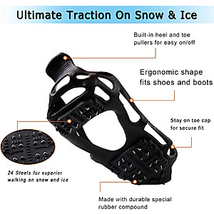 Ice Snow Traction Cleats Crampons Anti-Slip Snow Shoes Cleats Walking on Snow and Ice Winter Walking Boots Cleats for Men Women Hiking, Jogging (24 Steel Crampons,Szie XL)