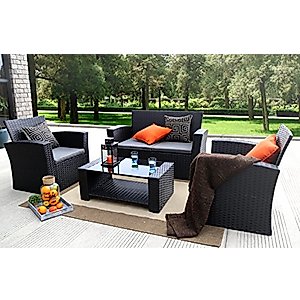 Baner Garden 4 Pieces Outdoor Furniture Complete Patio Cushion Wicker P.E Rattan Garden Set, Full, Black